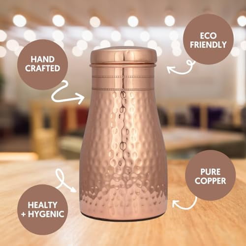 Hammered Pure Copper Water Bottle - Bedside Carafe - Water Pitcher with ...