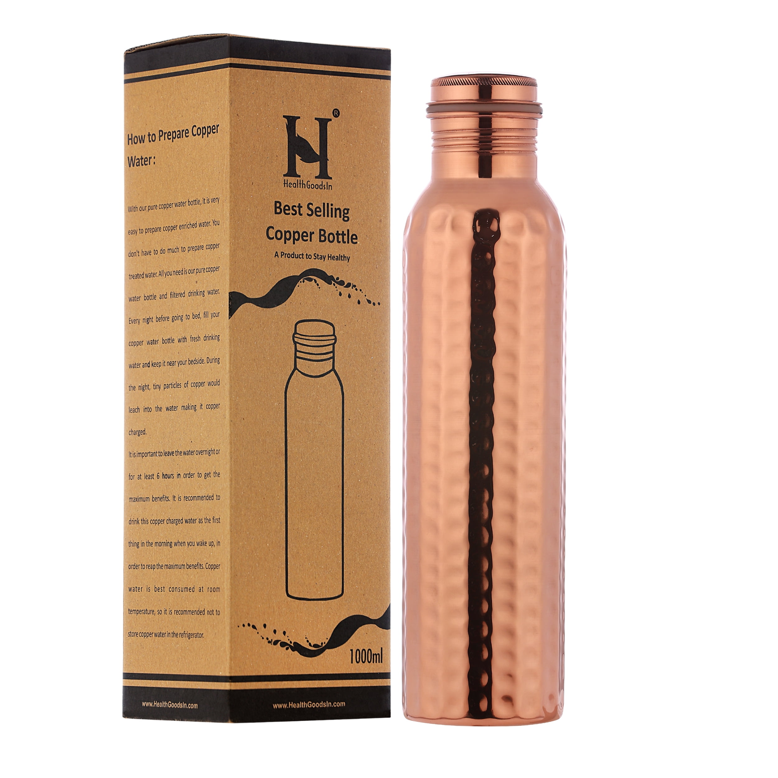 HealthGoodsIn Hammered Pure Copper Water Bottle, Unlined, Uncoated ...