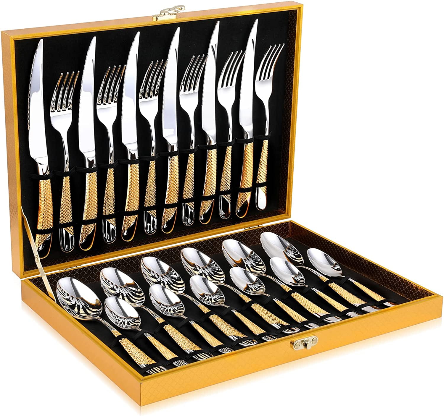 Hammered Silver Gold Silverware Set, 24-Piece 18/10 Stainless Steel ...