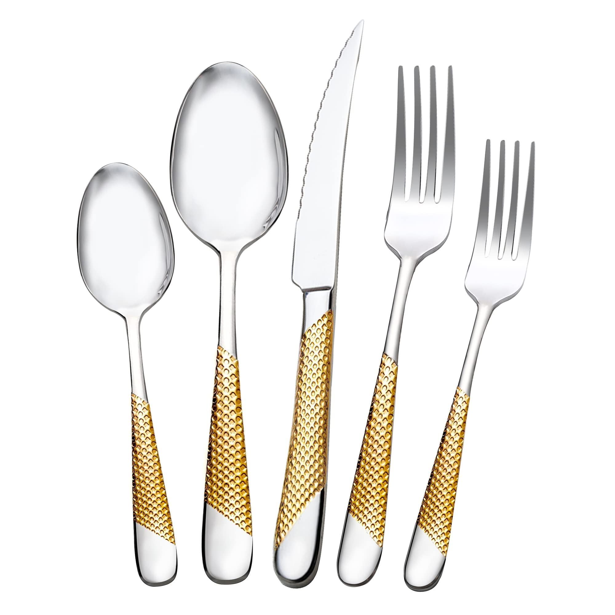 Hammered Silverware Gold and Silver Flatware Stainless Steel Cutlery ...