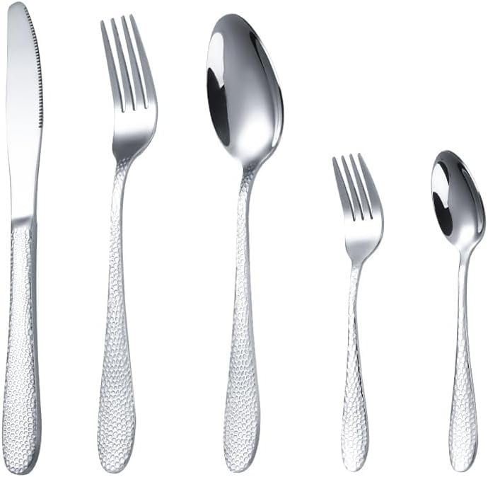 Hammered Silverware Set, 120-Piece Stainless Steel Flatware Set for 24 ...