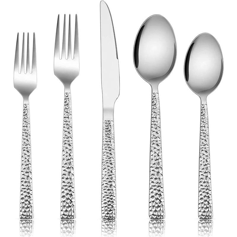 Hammered Silverware Set, 40-Piece Stainless Steel Square Flatware Set ...