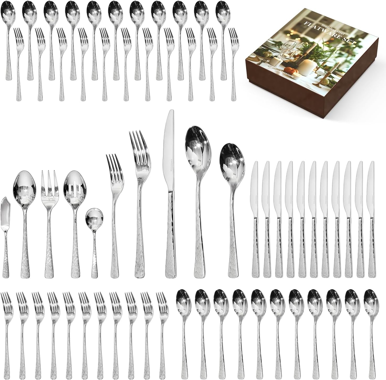 Hammered Silverware Set, Flatware Set with Serving Utensils, 18/10 ...