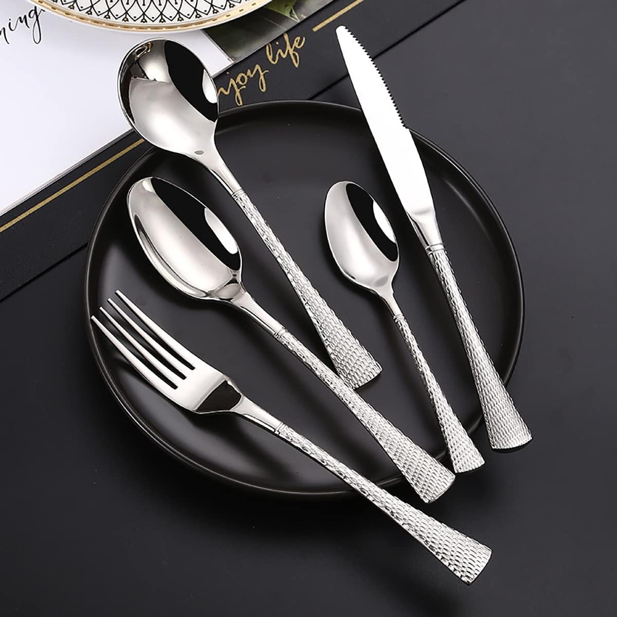 Hammered Silverware Set Gold , 40-Piece Stainless Steel Square Flatware ...