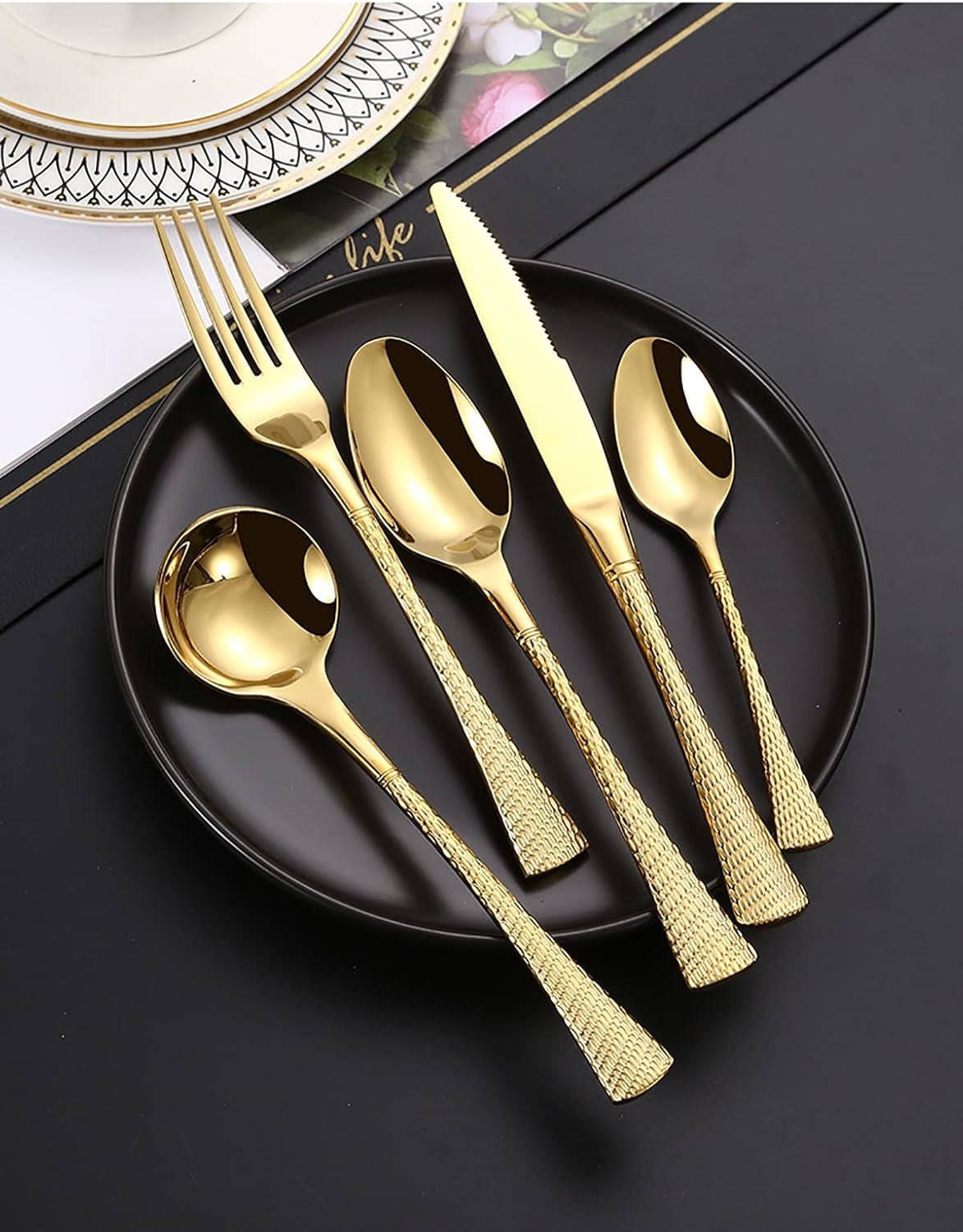 Hammered Silverware Set Gold , 40-Piece Stainless Steel Square Flatware ...