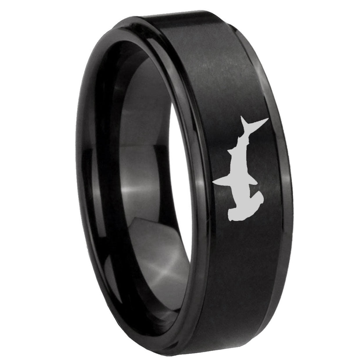 Hammerhead Shark 8MM Step Edge Brush Black Tungsten Men Ring - Walmart.com