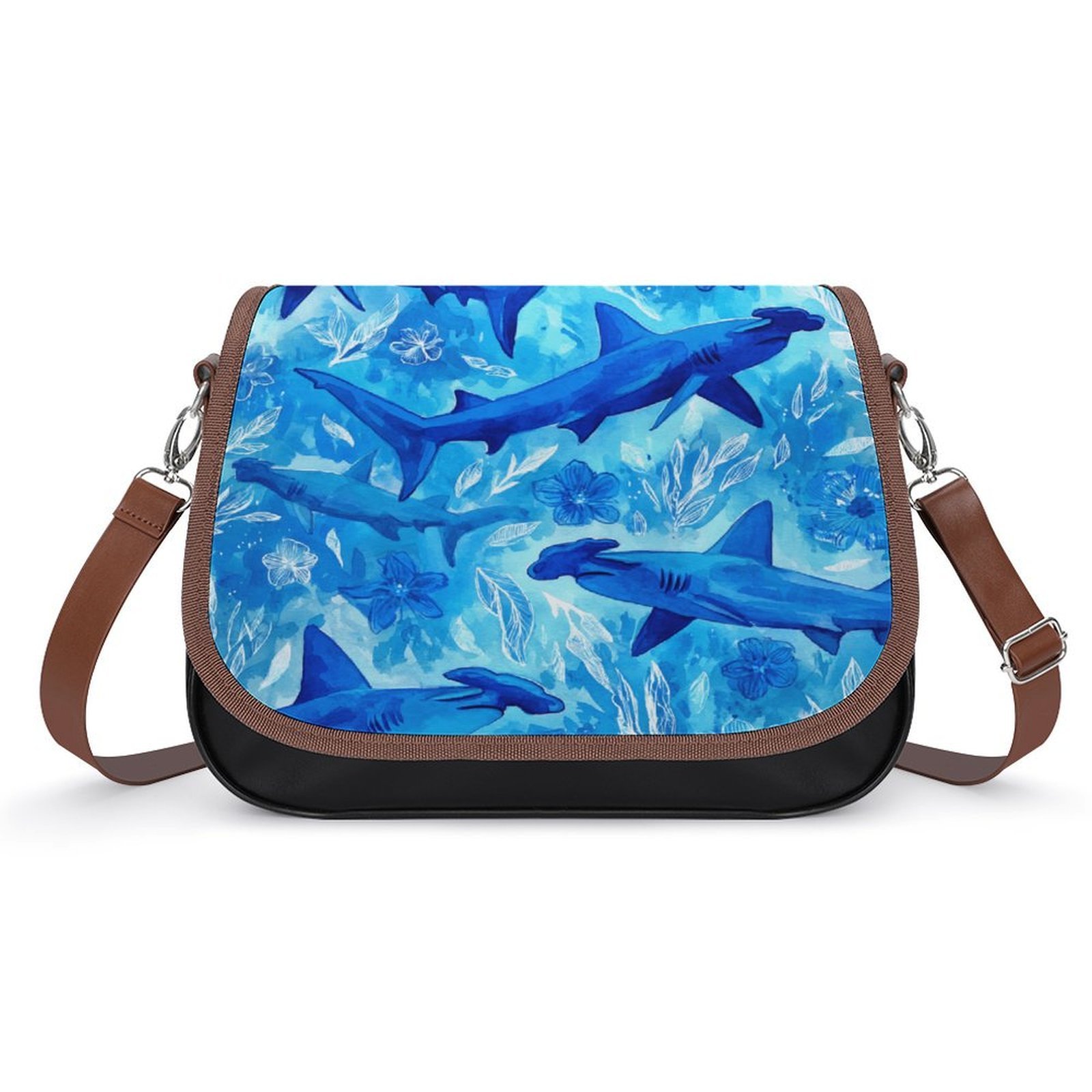 Hammerhead Shark Among The Blue Flowers Vintage Crossbody Bag For Women ...