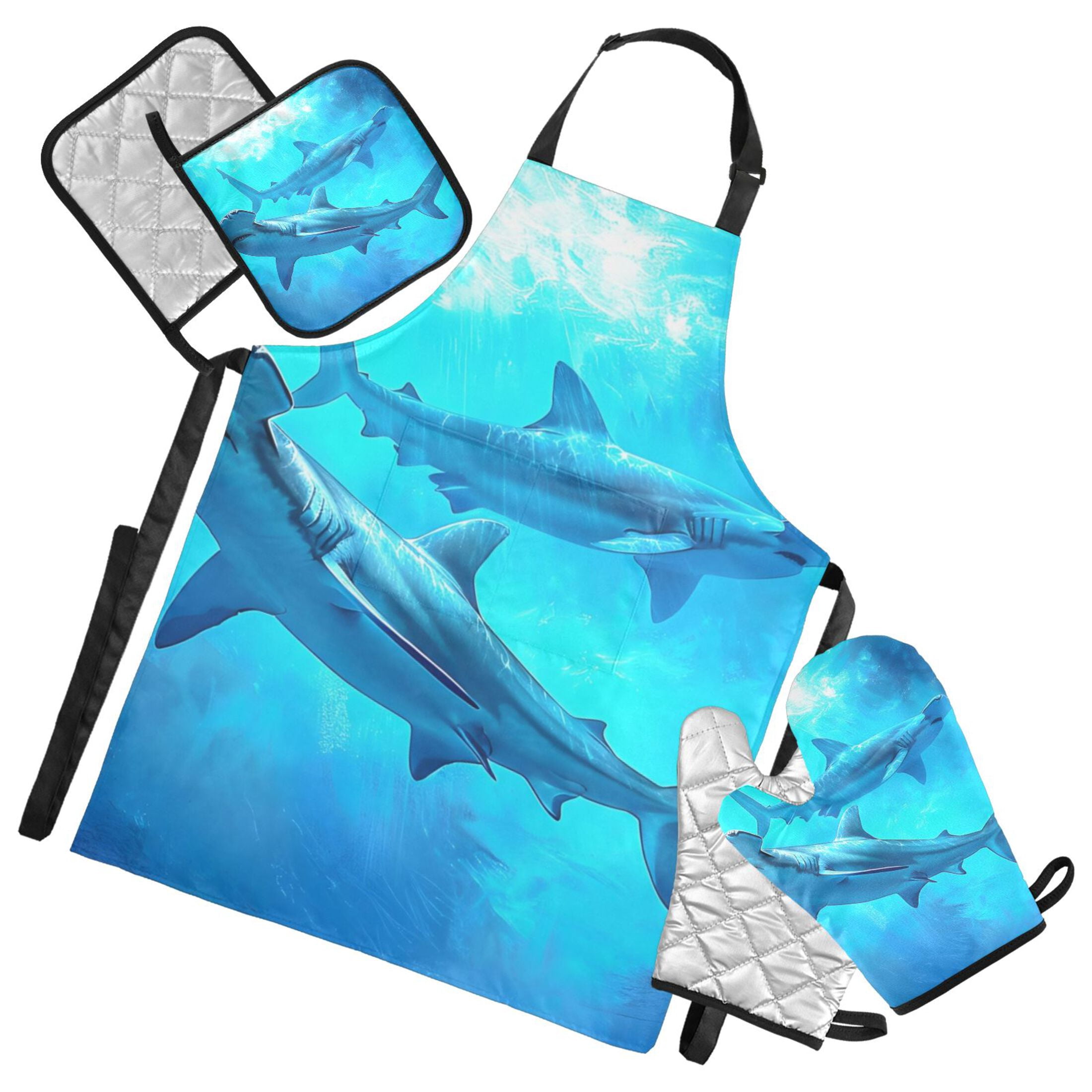 Hammerhead Sharks Swimming 5 Pcs Kitchen Set Heat Resistant Oven Mitts ...