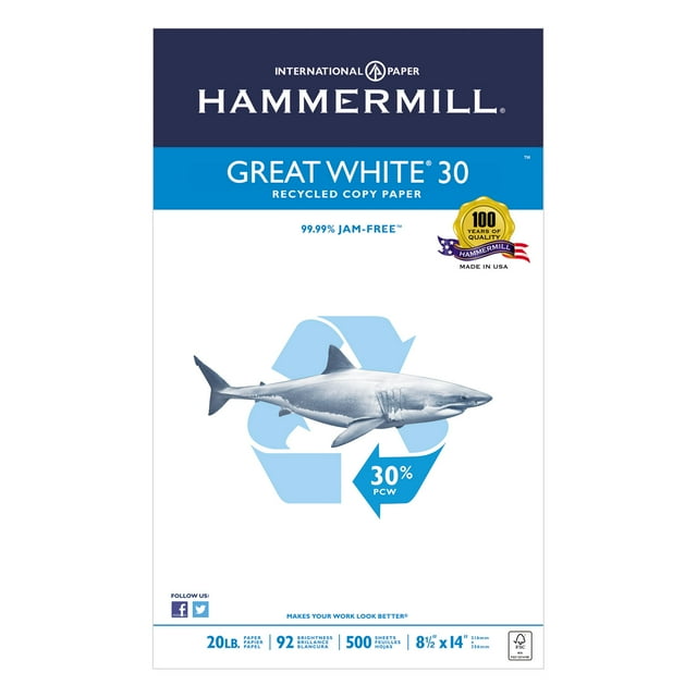 Hammermill Great White Recycled Copy Paper, 92 Brightness, 20lb ...