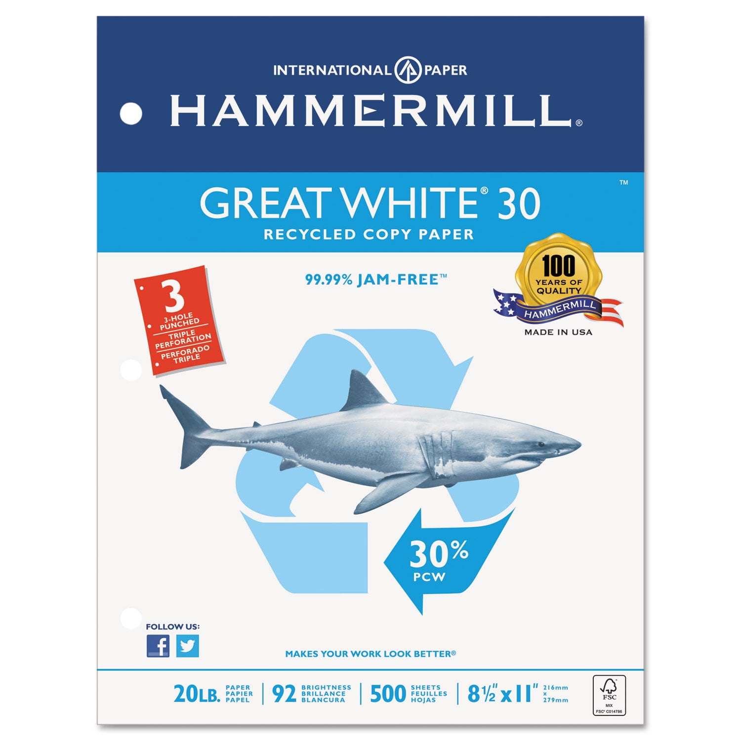 Hammermill Recycled Copy Paper, 3-Hole, 92 Bright, 20lb, 5000 Sheets ...