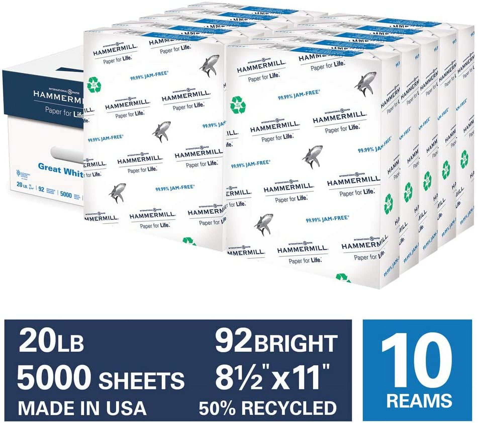 Hammermill Great White 50% Recycled Printer Paper, 20lb, 8.5x11, 5000 ...