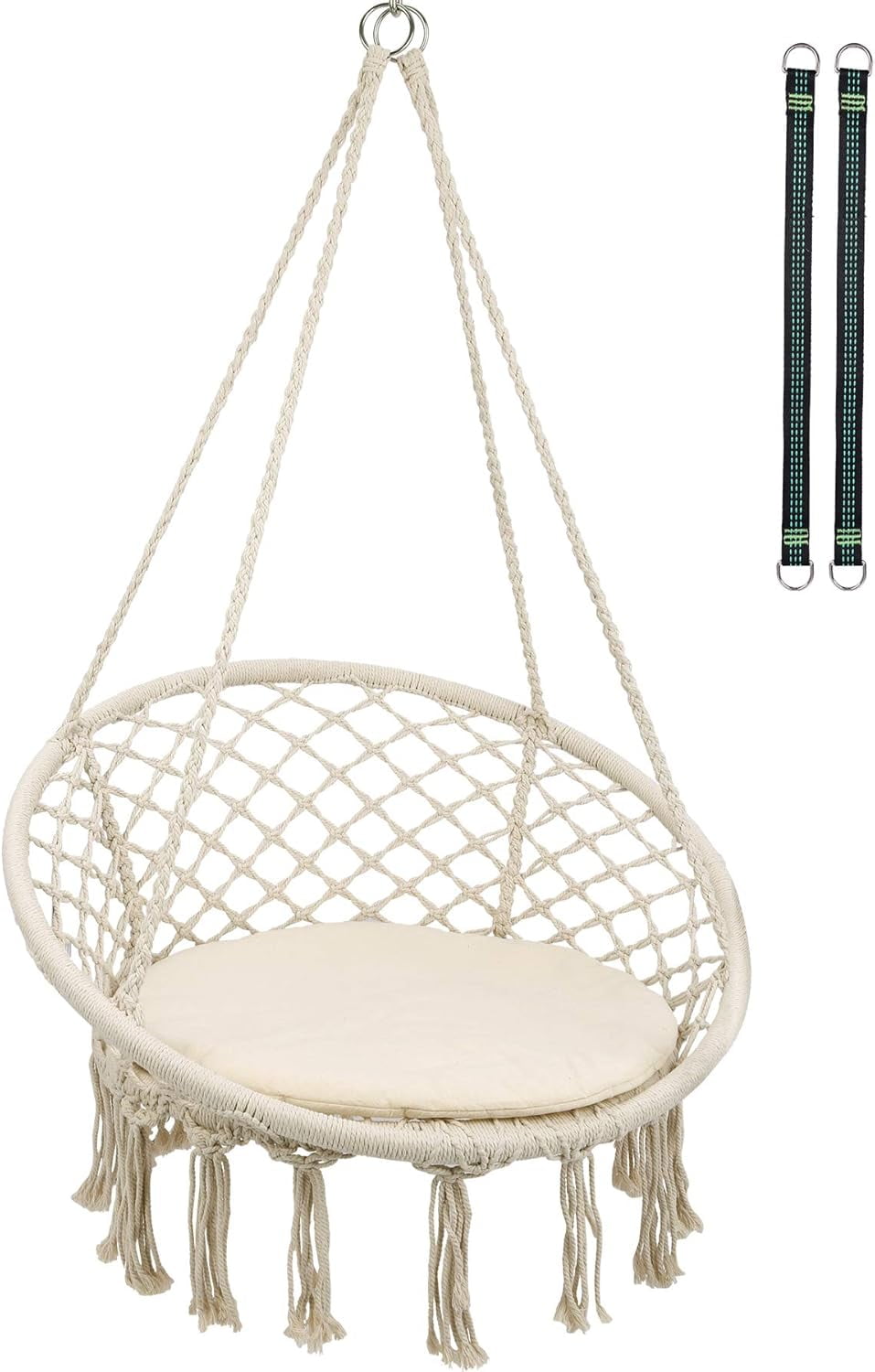 Hammock Chair Macrame Swing with Cushion and Hardware Kits, Cotton Rope ...