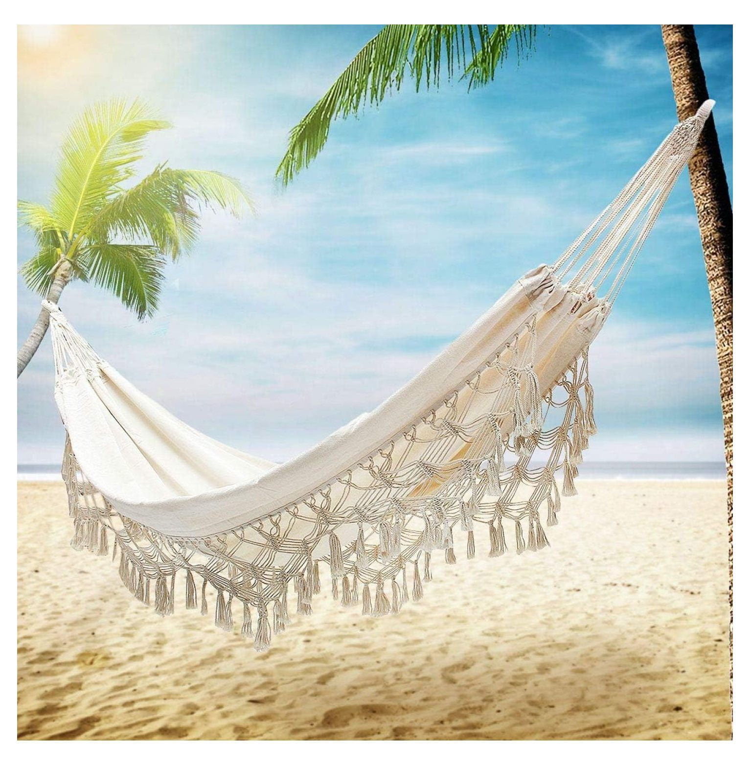 Hammock - Handmade Organic Cotton Macrame Fringe Hammock - 2 Person Tree Hammock for Camping ...