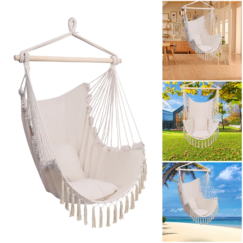 Hammock Hanging Rope Chair Swing Seat Patio Picnic with 2 Pillows Beige ...