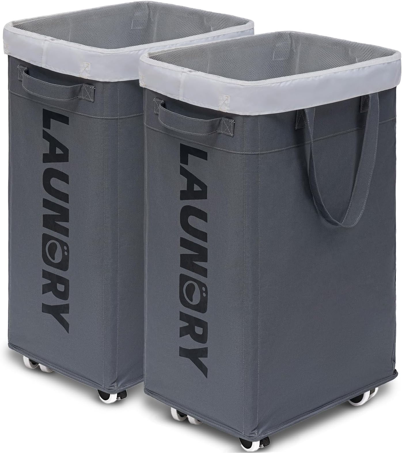 Hamper with Wheels, 2- 75L Foldable Laundry Baskets with Removable Wash ...