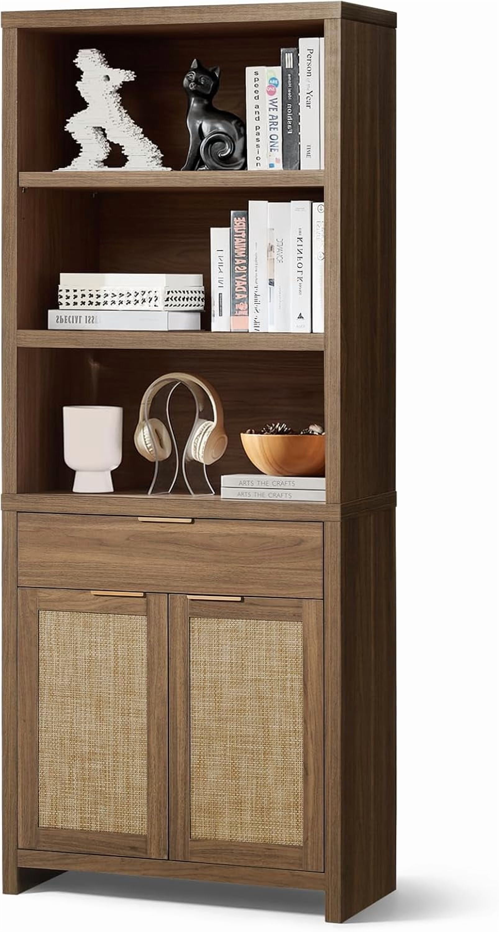 Hampstead Bookcase, Rattan Bookcase with Doors Cabinet and Drawer, 5 ...