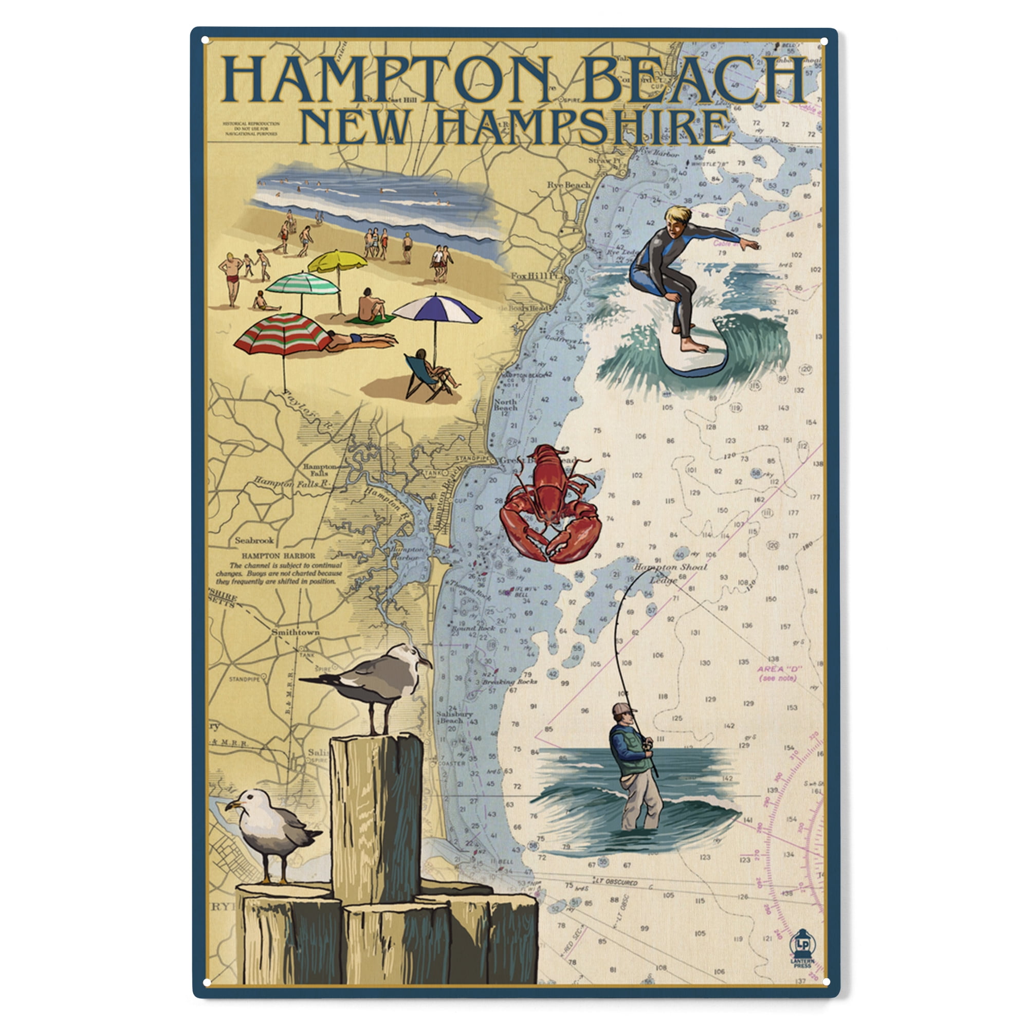 Hampton Beach, New Hampshire, Nautical Chart Birch Wood Wall Sign ...