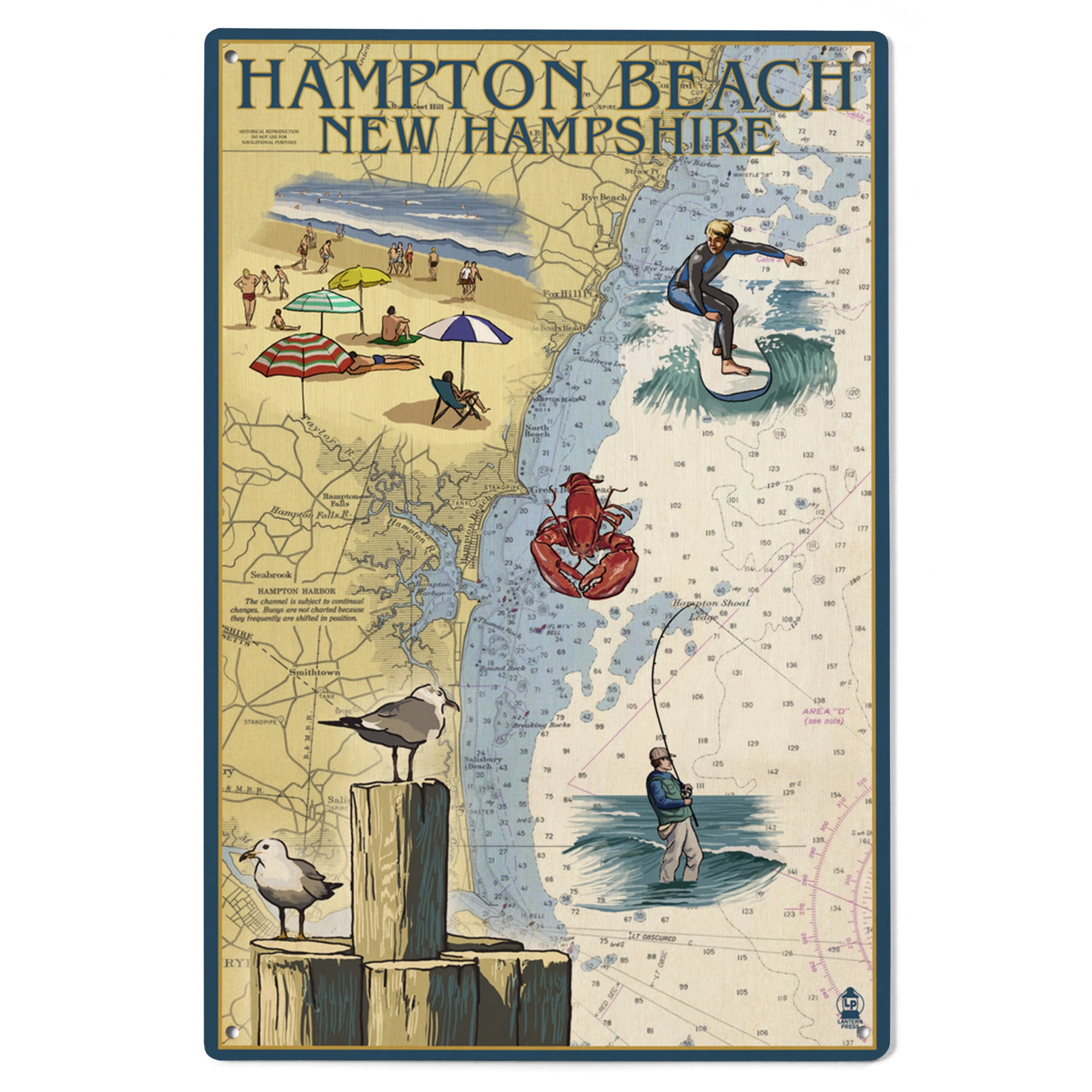 Hampton Beach, New Hampshire, Nautical Chart Birch Wood Wall Sign (6x9 ...