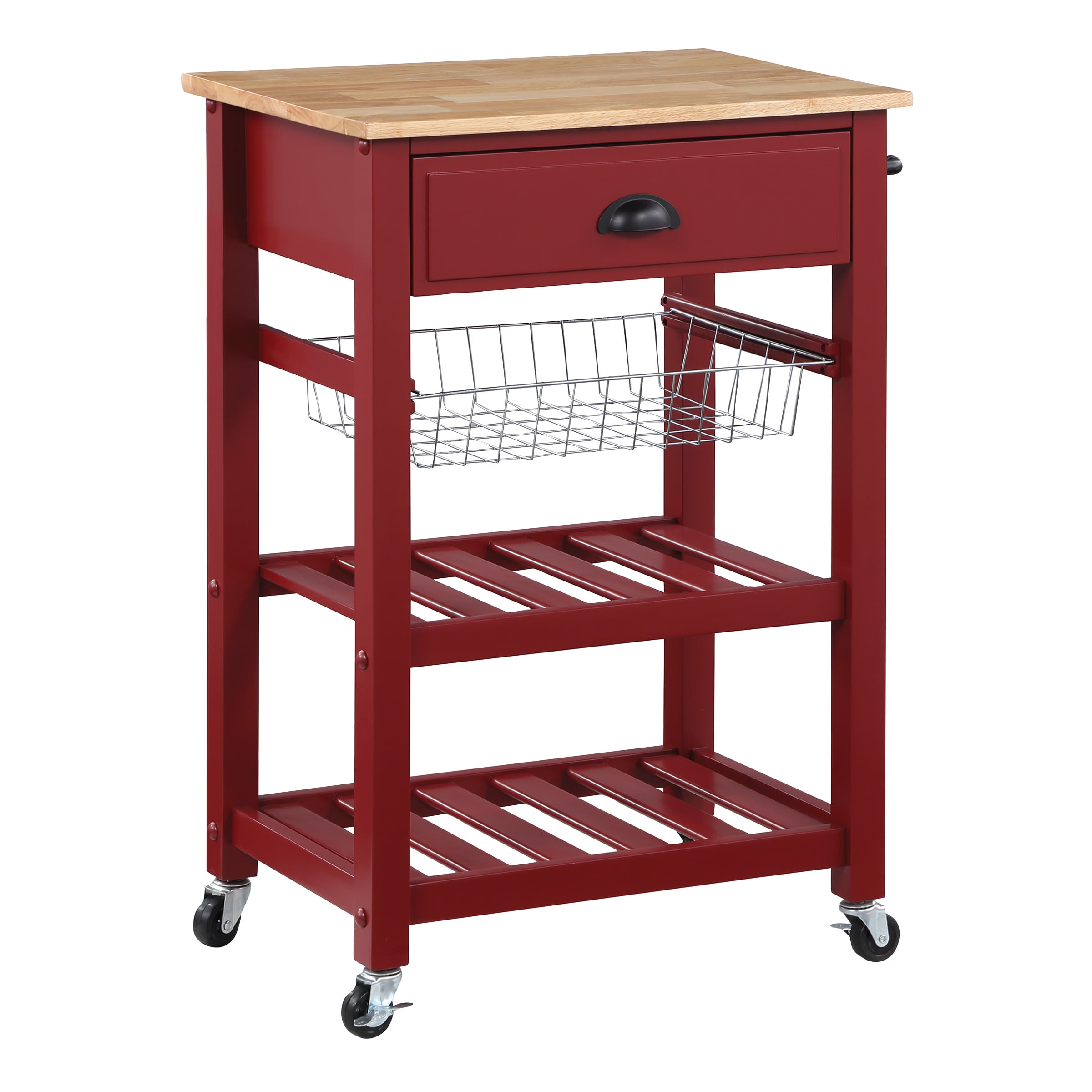 Hampton Engineered Wood Kitchen Cart, Red Base, Wood Top, Farmhouse ...
