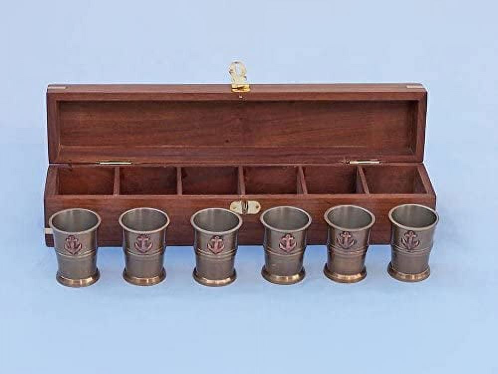 Hampton Nautical Antique Brass Anchor Shot Glasses with Rosewood (Set ...