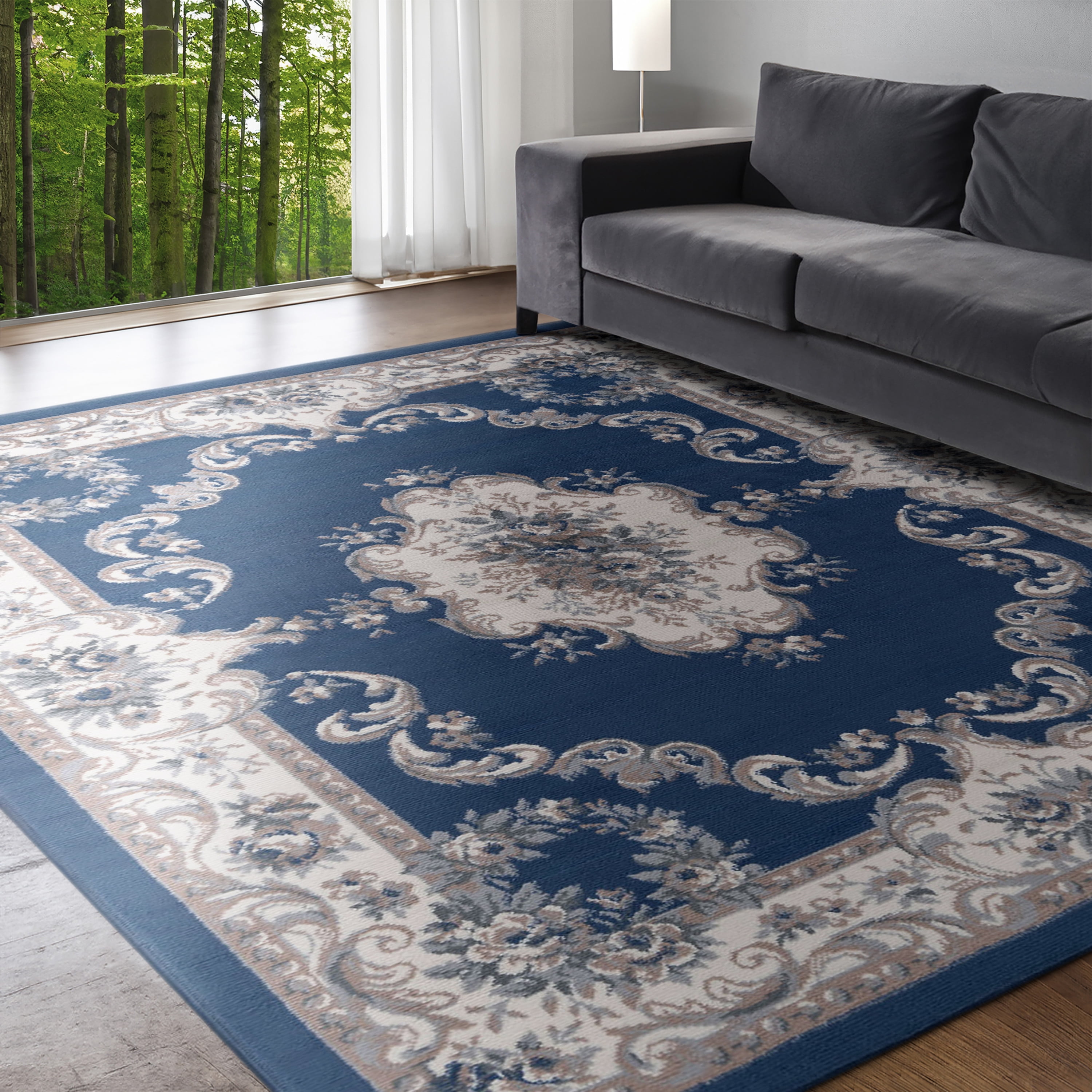 Hampton Traditional 5' x 7' Navy and Gray Polypropylene Indoor Area Rug ...