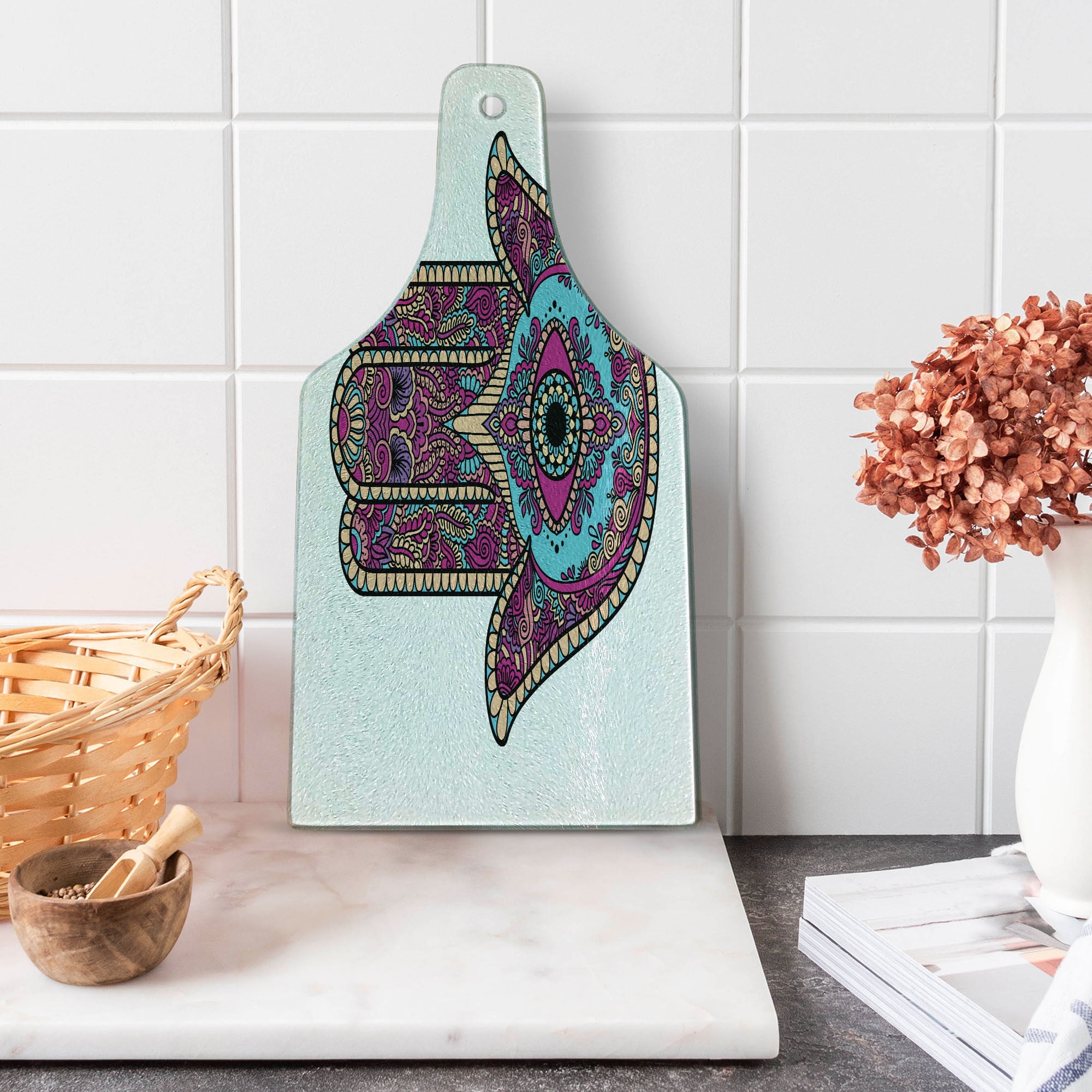 Hamsa Cutting Board, Doodle Zentangle Style Bohemian Old Fashioned ...