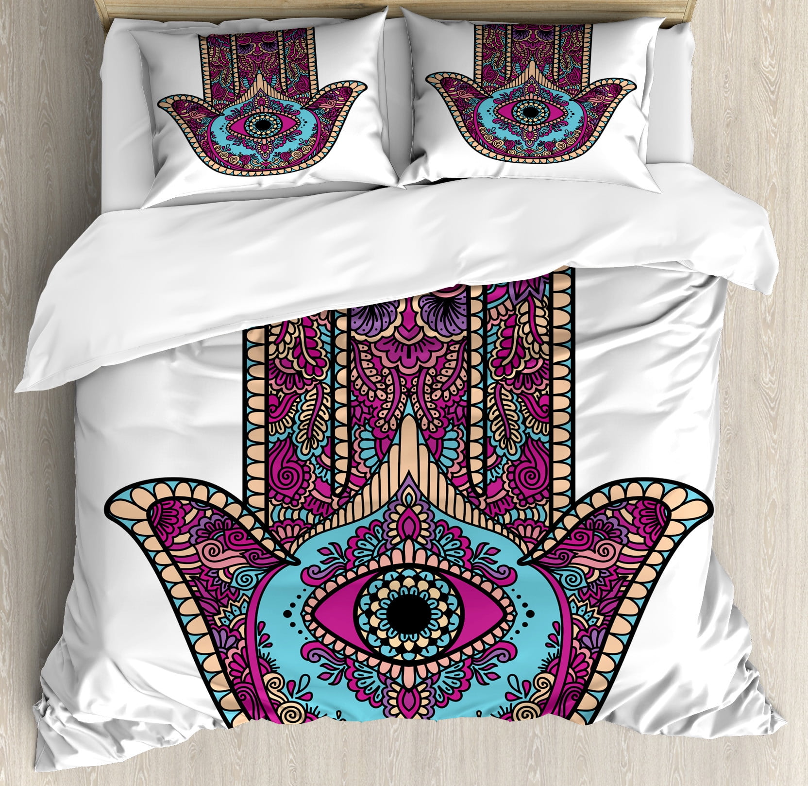 Hamsa Duvet Cover Set, Doodle Zentangle Style Bohemian Old Fashioned ...