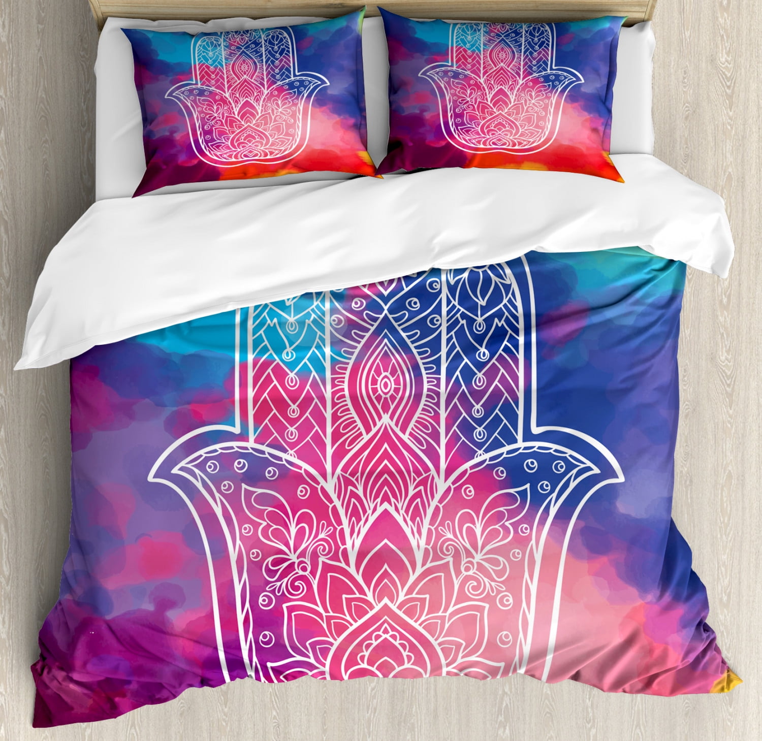 Hamsa Duvet Cover Set Queen Size, Colorful Watercolor Background with ...