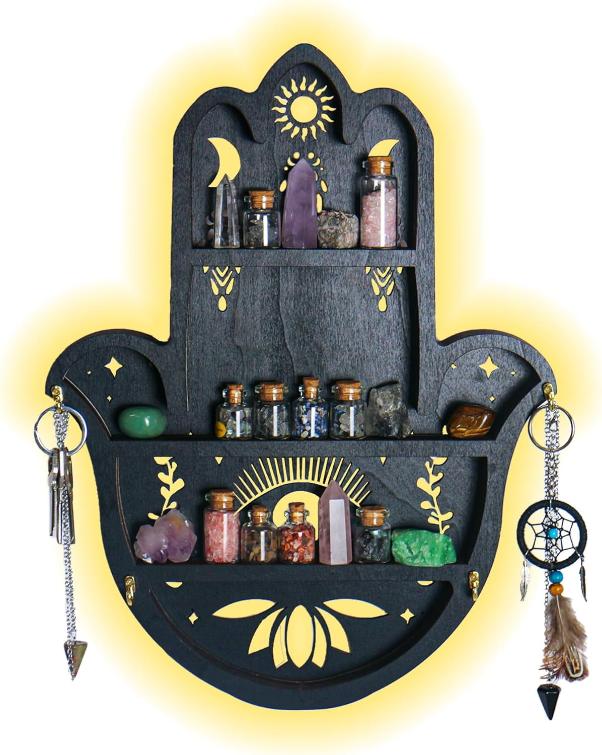 Hamsa Hand Crystal Shelf Display for Wall with 4 Hooks & LED Light ...