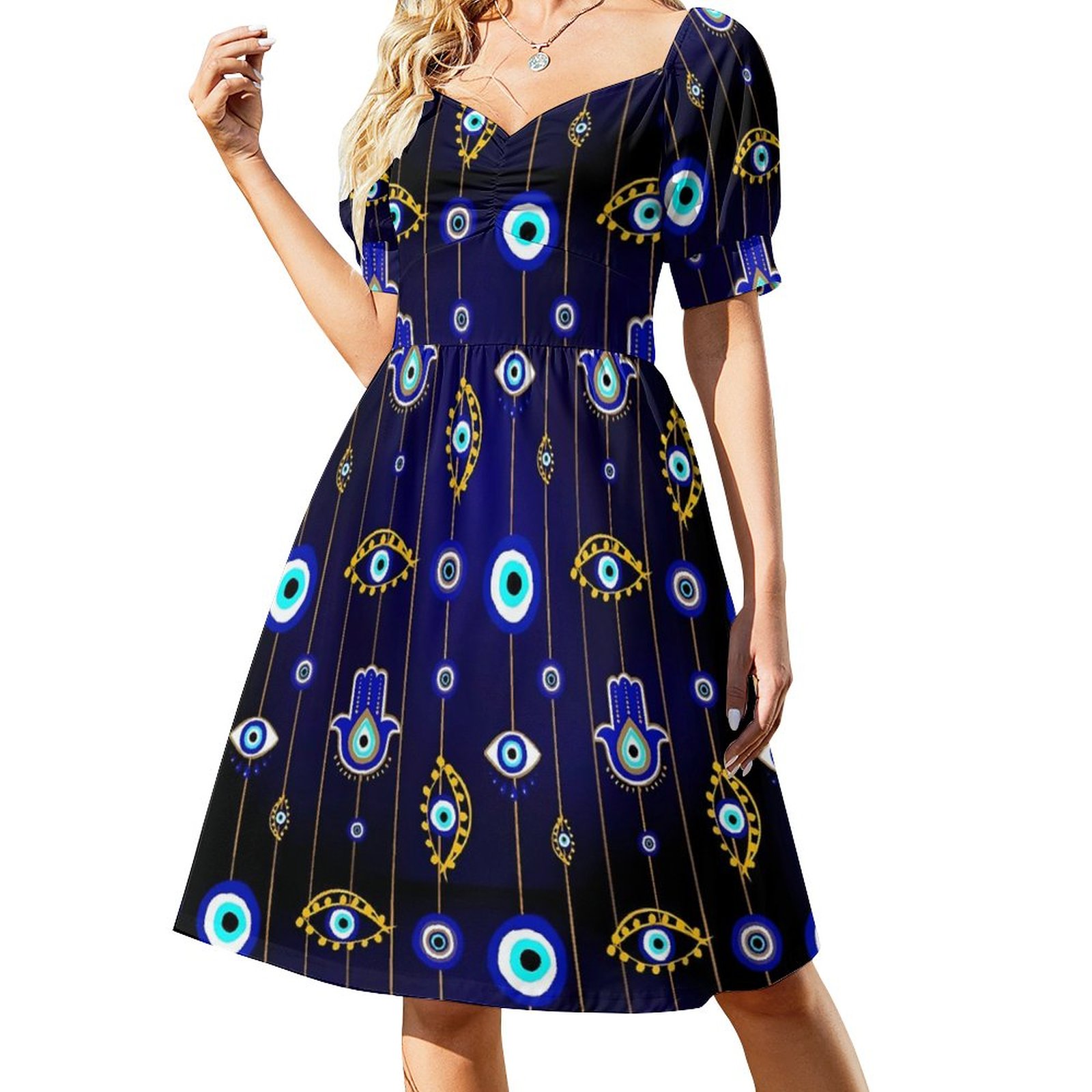 Hamsa Hand Dress Blue Hand of Fatima Kawaii Dresses Women Short Sleeve ...