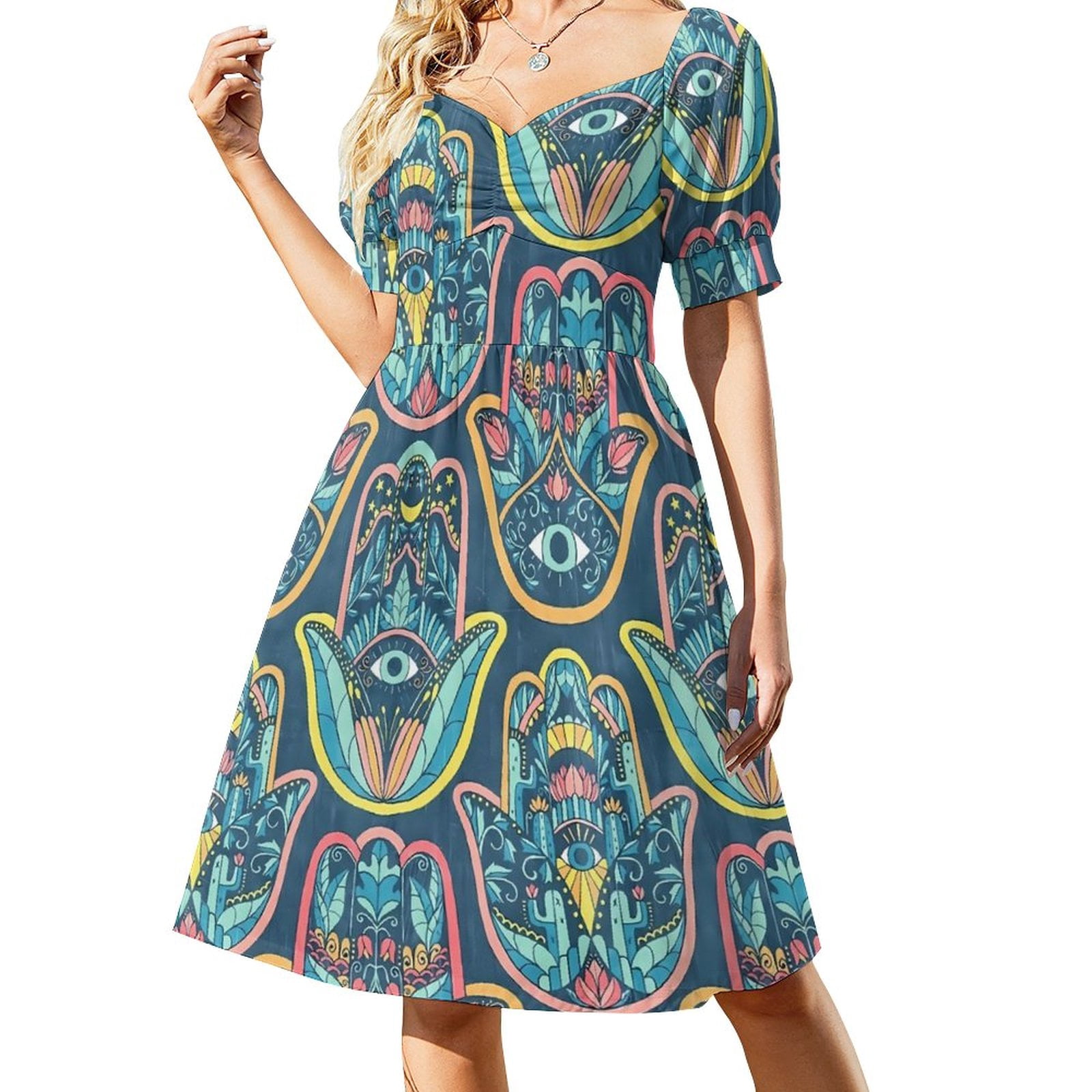Hamsa Hand Dress Blue Hand of Fatima Kawaii Dresses Women Short Sleeve ...