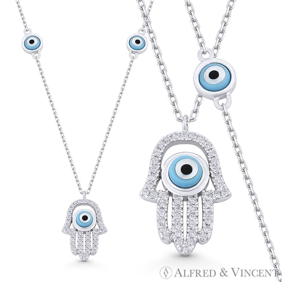 Hamsa Hand & Evil Eye Enamel Bead CZ Crystal Pendant & Chain in .925 ...