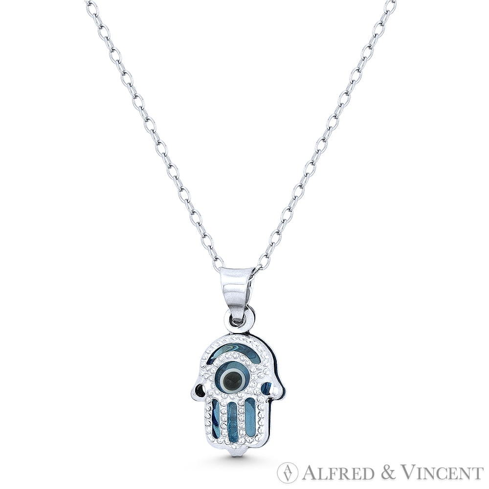 Hamsa Hand Evil Eye Charm Glass Bead Pendant & Chain Necklace in .925 ...