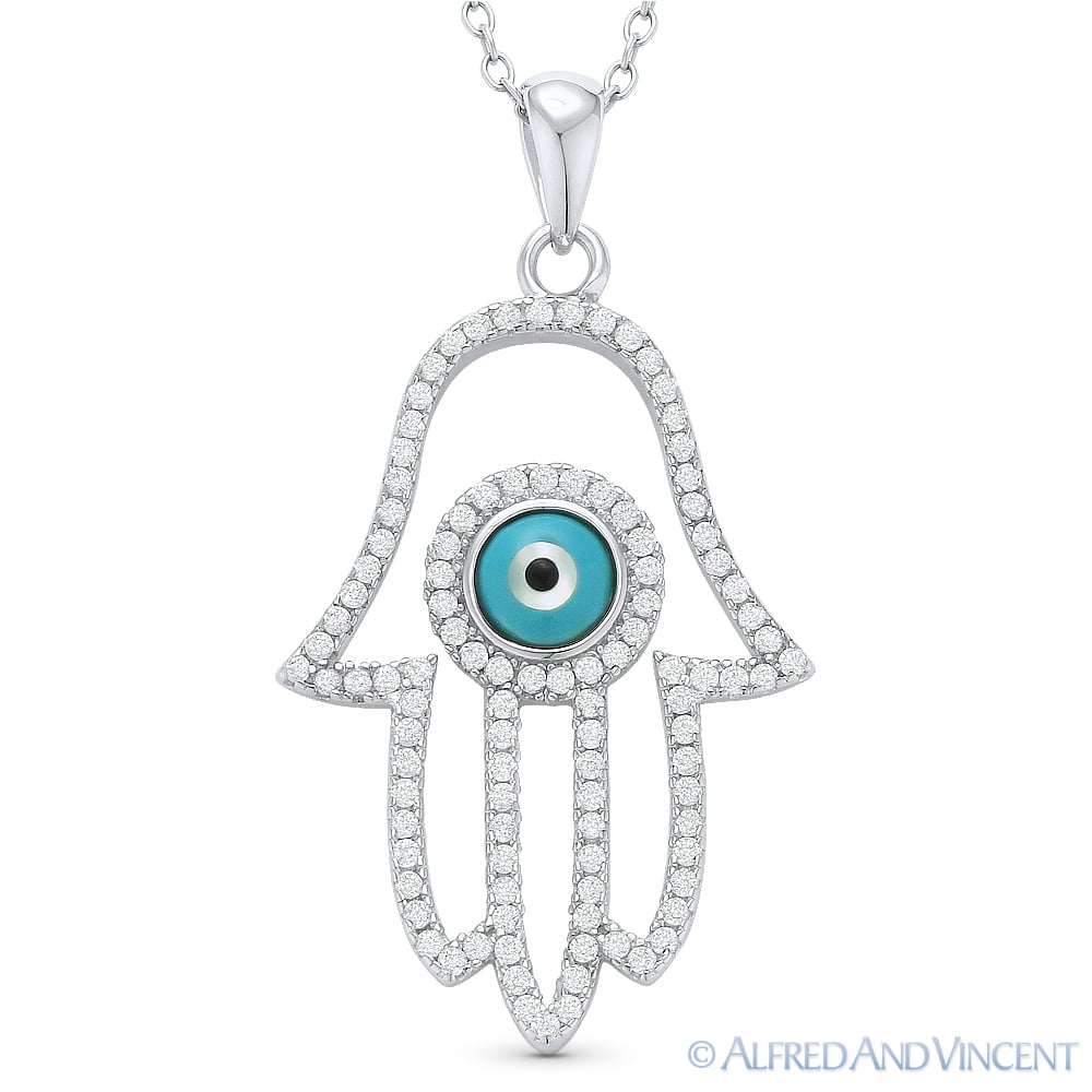 Hamsa Hand & Evil Eye Enamel Bead CZ Crystal Pendant & Chain in .925 ...