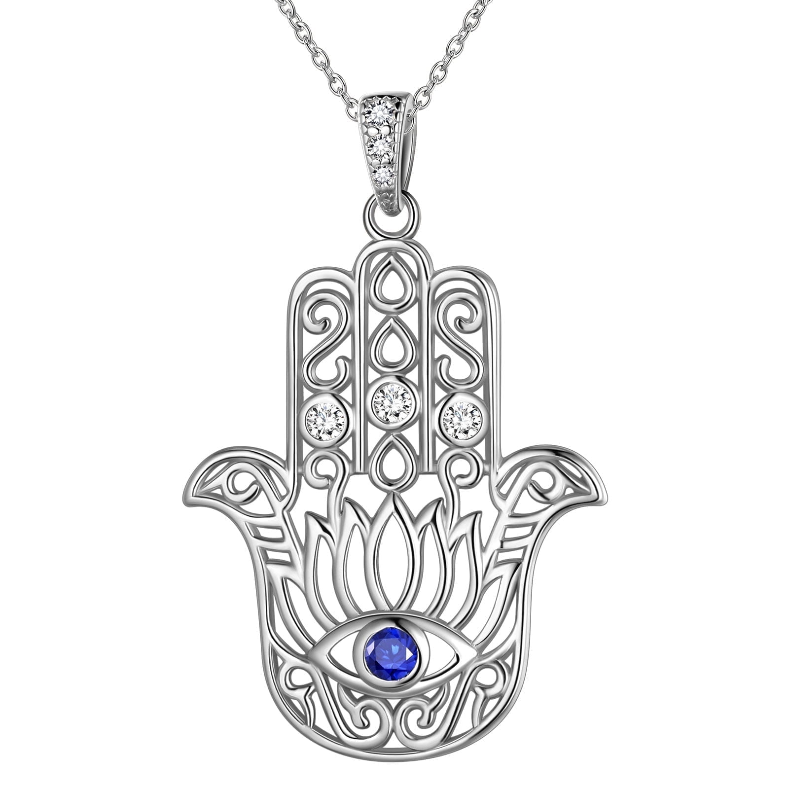 Hamsa Hand Necklace 925 Sterling Silver Blue Evil Eye Hand of Fatima ...