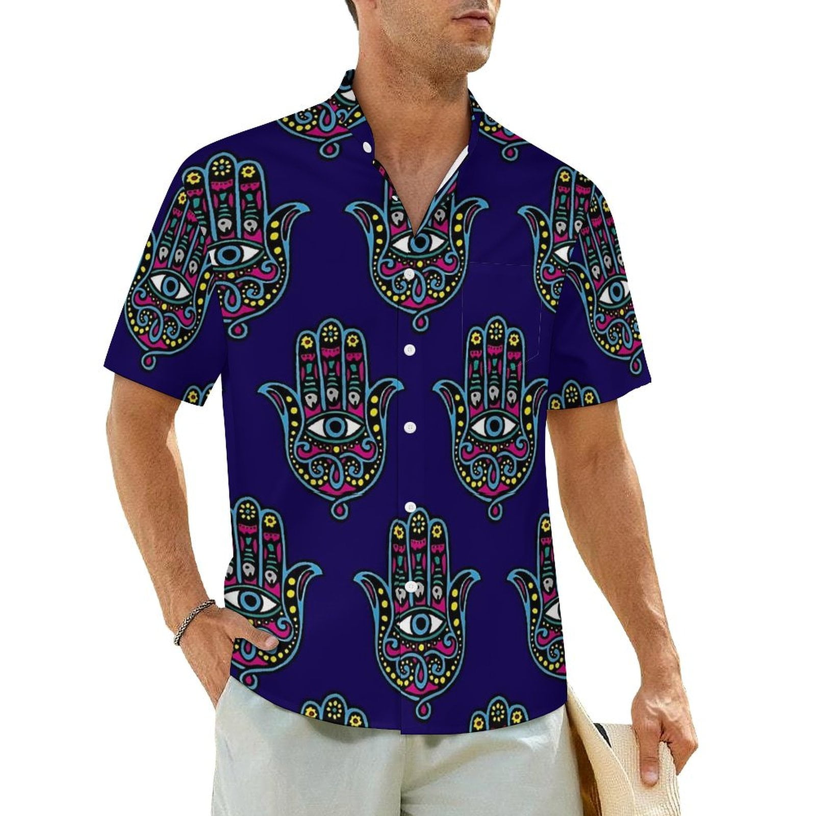 Hamsa Hand Print Hawaiian Shirt Man Beach Good Luck Symbol Casual ...