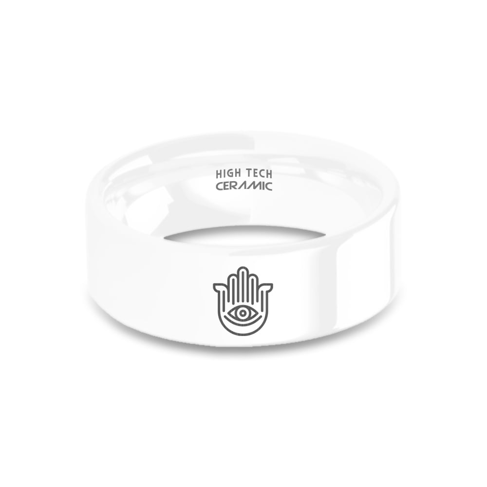 Hamsa Hand of Miriam Symbol Laser Engraved White Ceramic Ring, 8mm ...