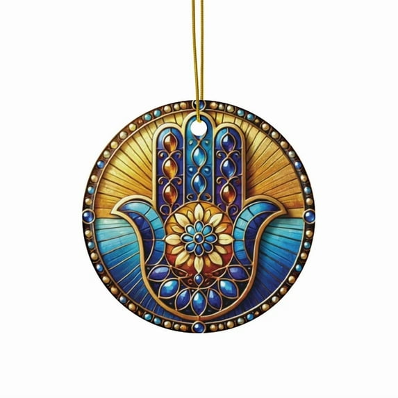 Hamsa Ornament Stained Glass Style - Gold & Blue Design - Printed On ...