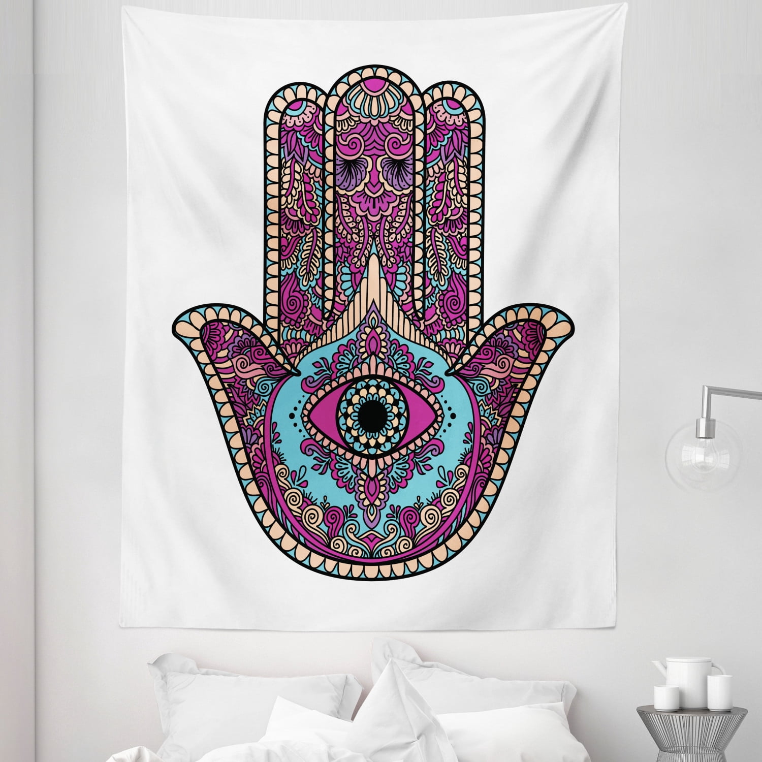 Hamsa Tapestry, Doodle Zentangle Style Bohemian Old Fashioned Floral ...