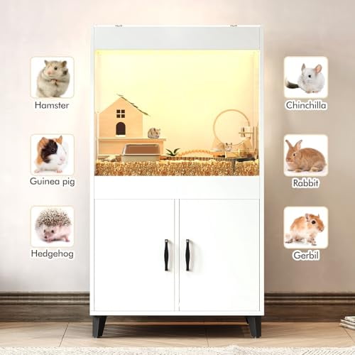 Hamster Cage with Large Storage Cabinet, Hamster Enclosure with LED ...
