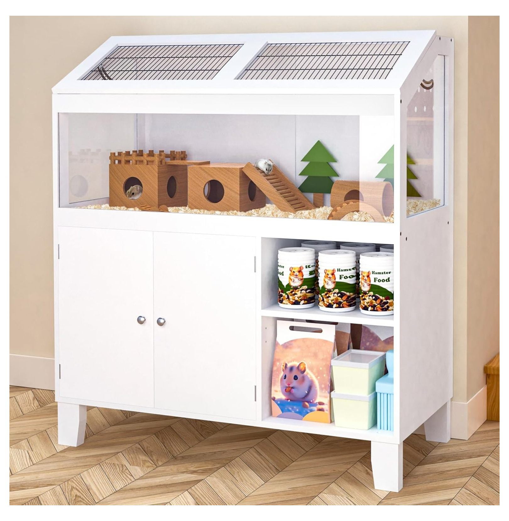 Hamster Cage with Storage Cabinet Small Animal Cage, Natural Solid Wood ...