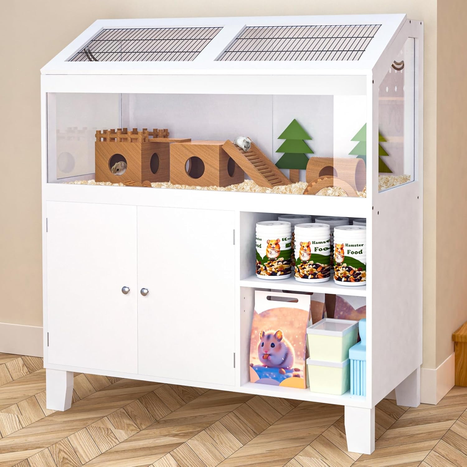 Hamster Cage with Storage Cabinet Small Animal Cage, Natural Solid Wood ...