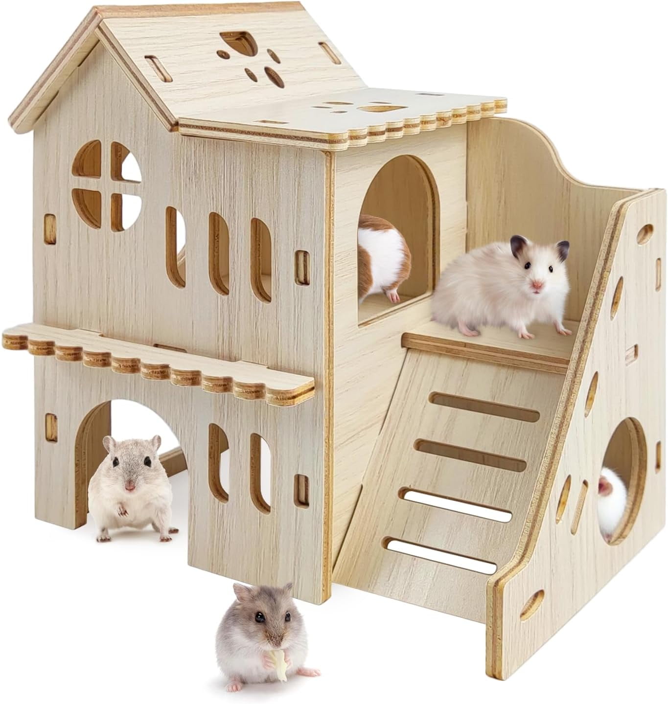 Hamster Hideout with Wooden House, Fun Slide, Double-Decker Hut & Maze ...