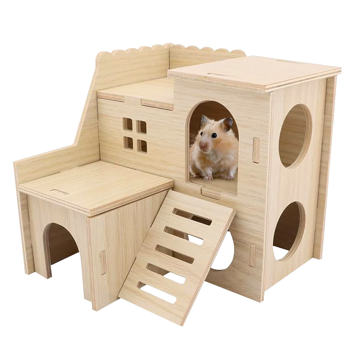 Hamster House Wooden Hideout for Small Animals Double-Decker Hut for ...