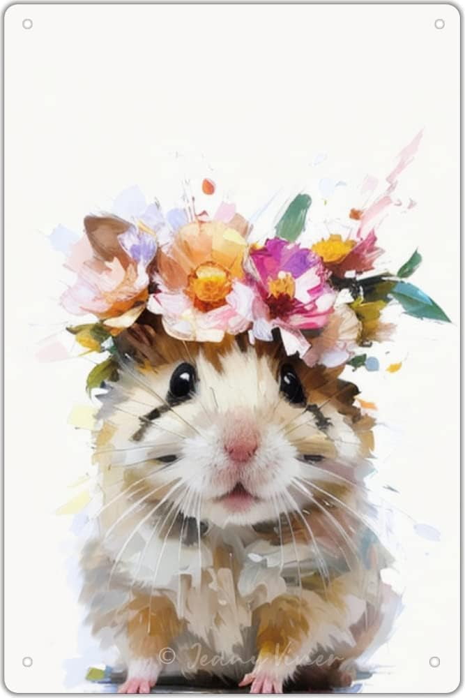 Hamster Wall Art,Hamster with Flower Crown Metal Tin Sign, Woodland ...