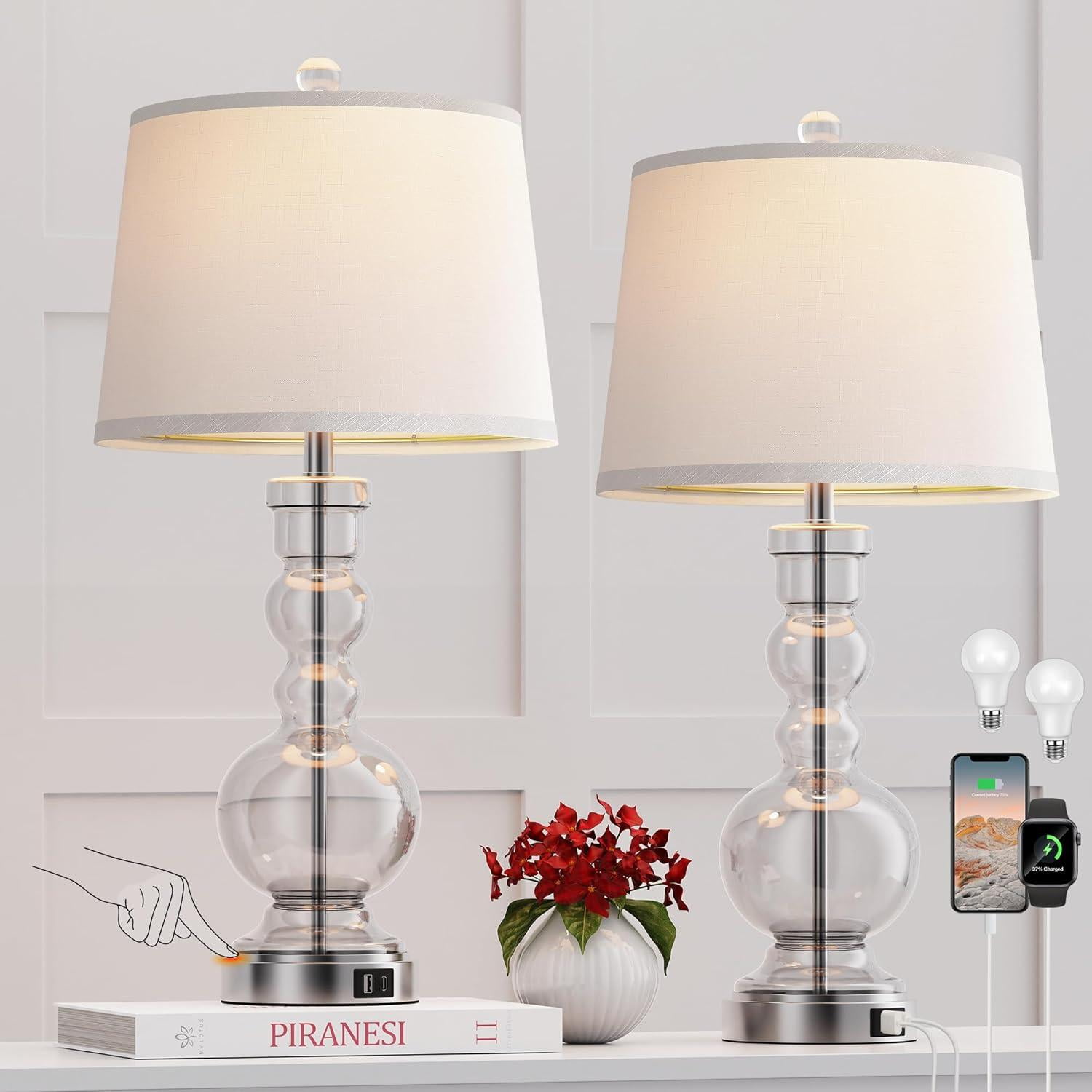 Hamucd 3-Way Dimmable Touch Control Clear Grey Glass Table Lamps Set of ...