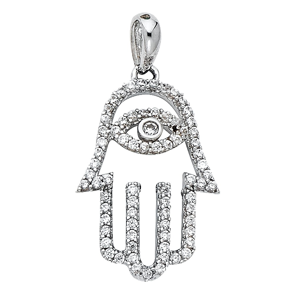 Hamza Hand Pendant Solid 14k White Gold Evil Eye Charm Nazar CZ Turkish ...