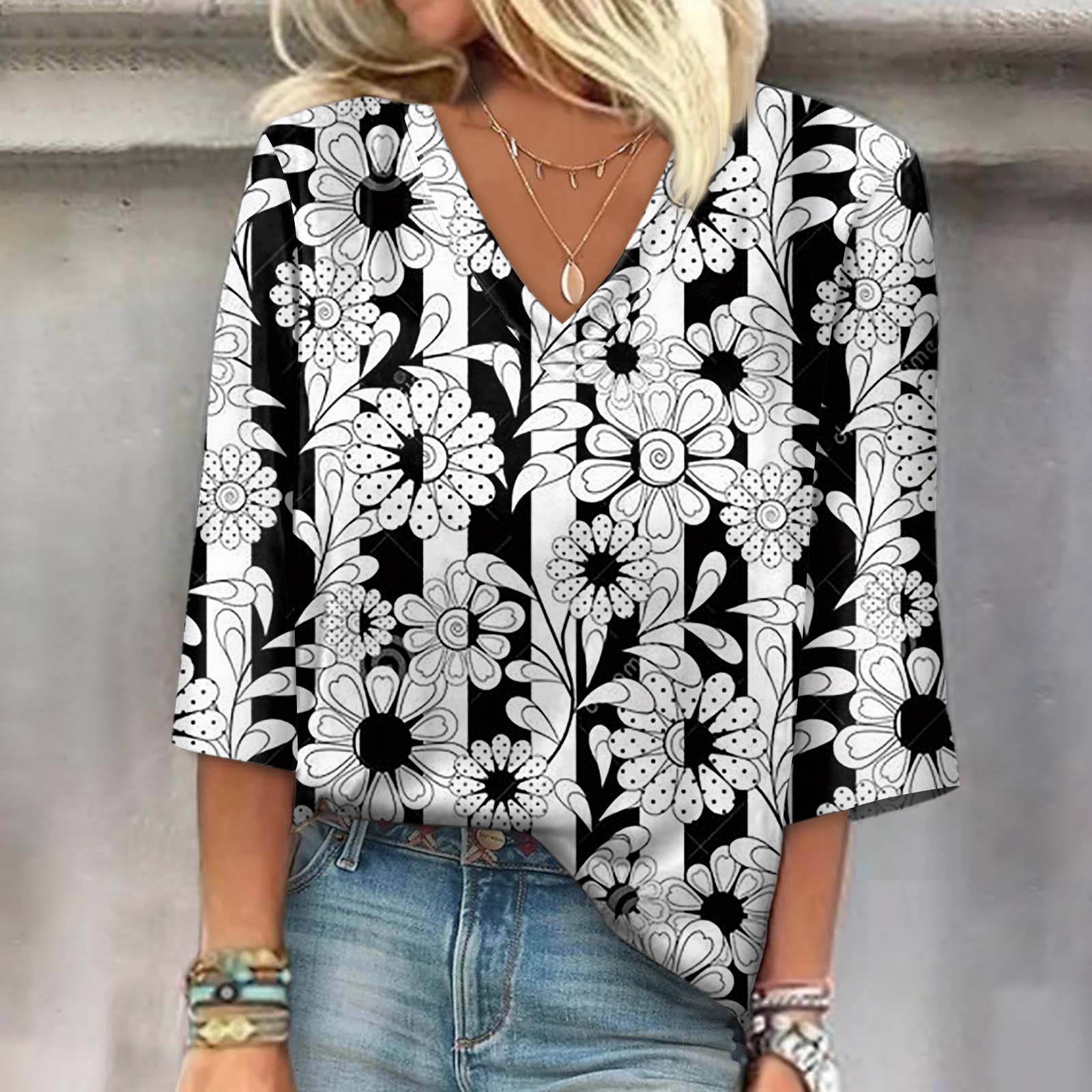 Hanas Classic Black and White Print Top for Women Skin-friendly Softy 3 ...