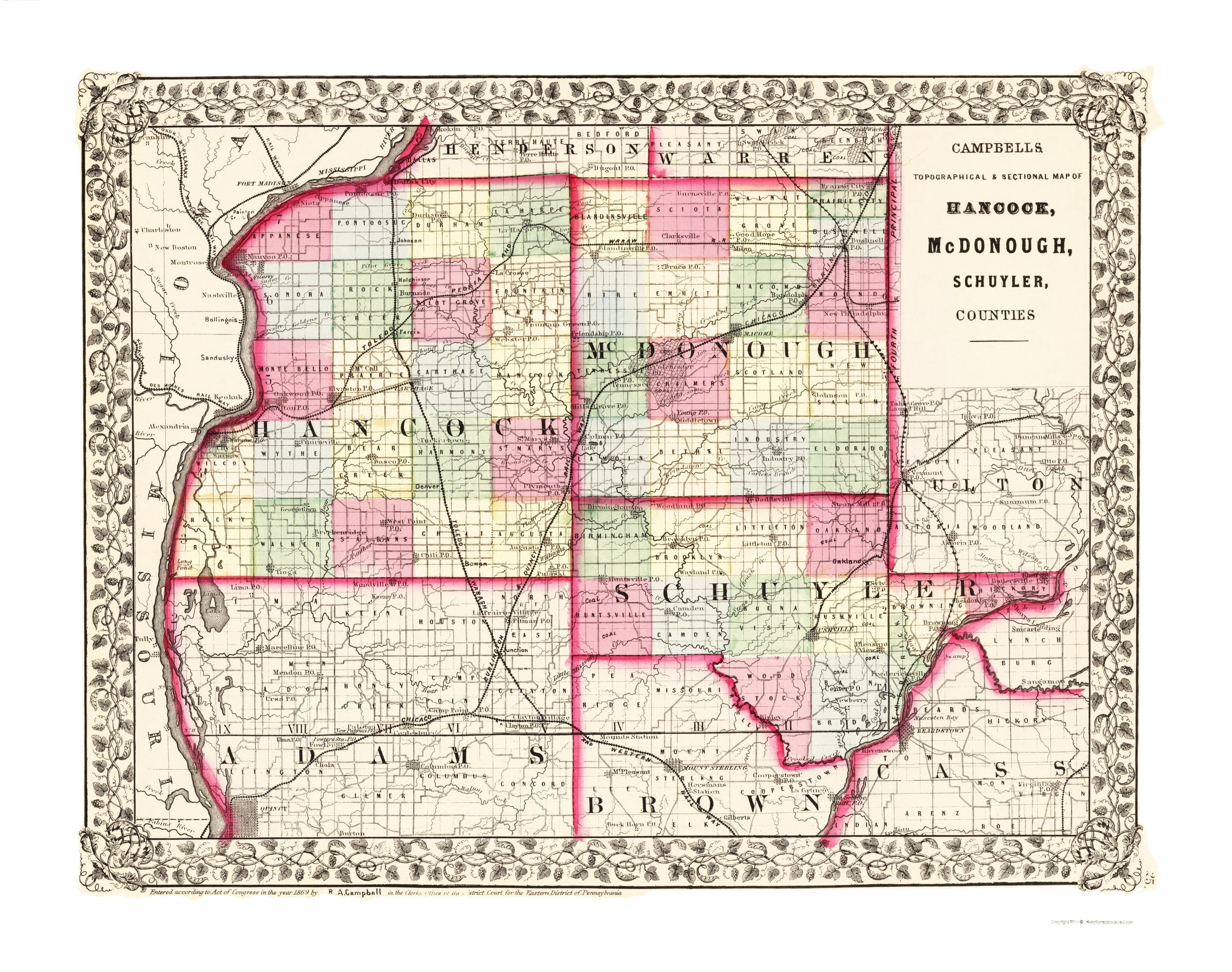 Historic County Map - Hancock Mcdonough Schuyler Counties Illinois ...