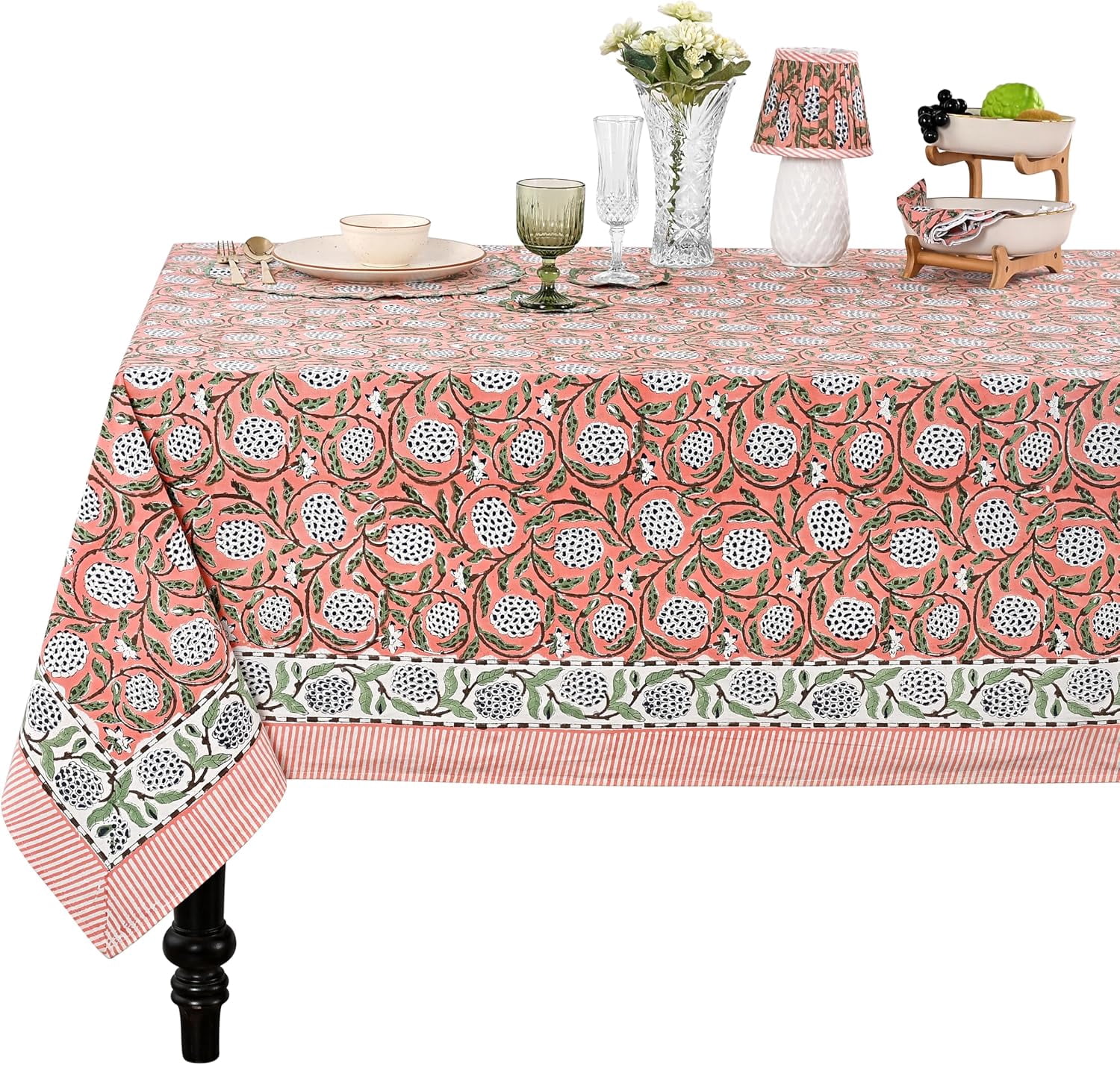 Hand Block Print Columbia Blue Rectangle Cotton Tablecloth 160" x 72 ...
